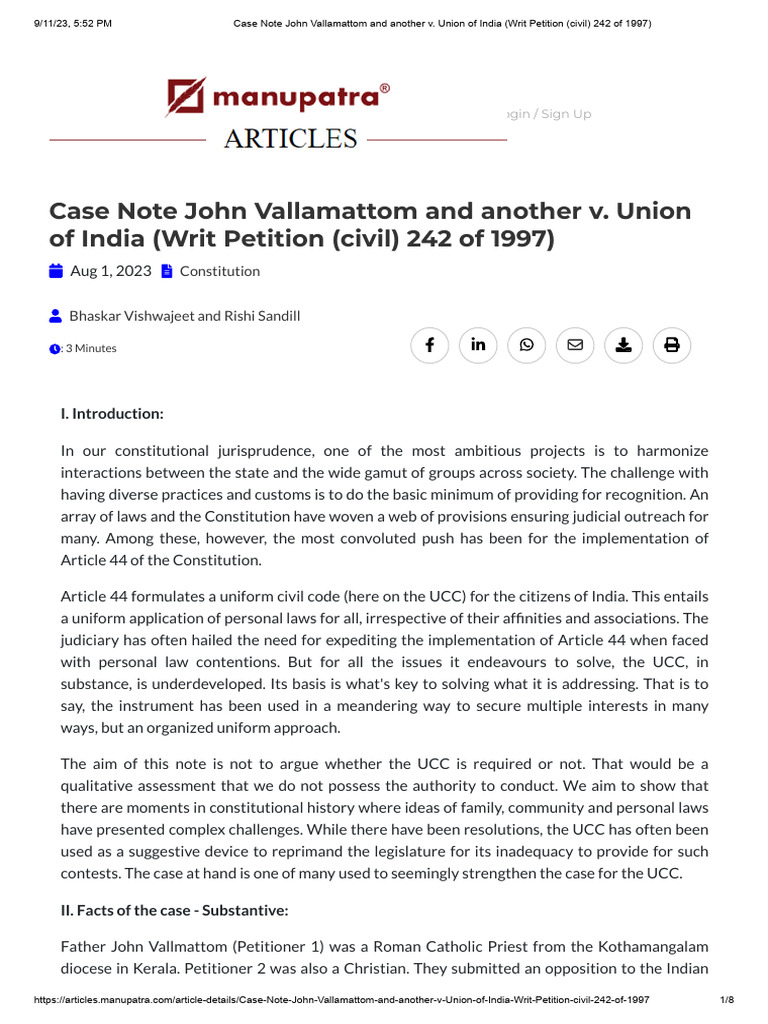 Case Note John Vallamattom and Another v. Union of India (Writ Petition ... Case Note John Vallamattom and Another v. Union of India (Writ Petition ...