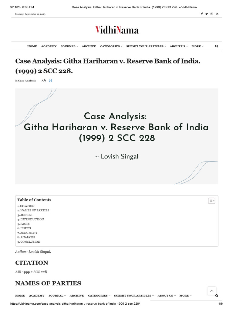 Githa Hariharan v. RBI Case Analysis | PDF | Legal Guardian | Certiorari