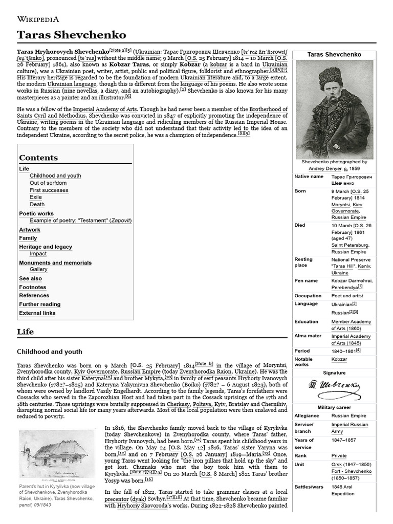 Taras Shevchenko - Wikipedia | PDF