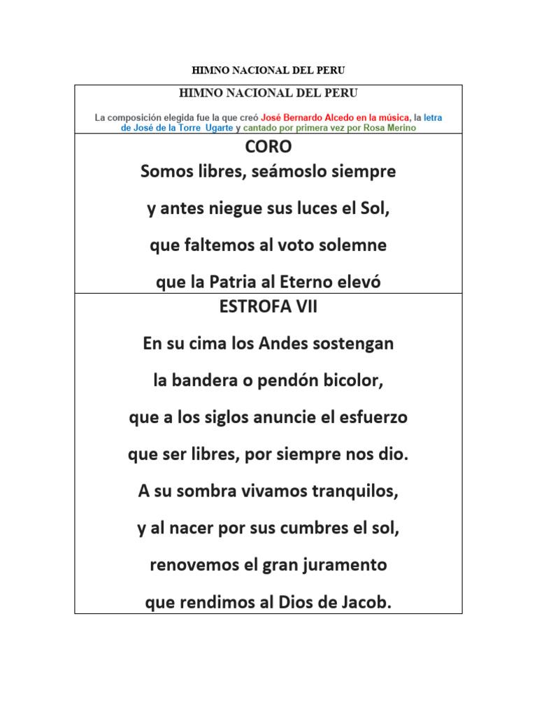 Himno Nacional Del Peru Coro y Vii Estrofa | PDF