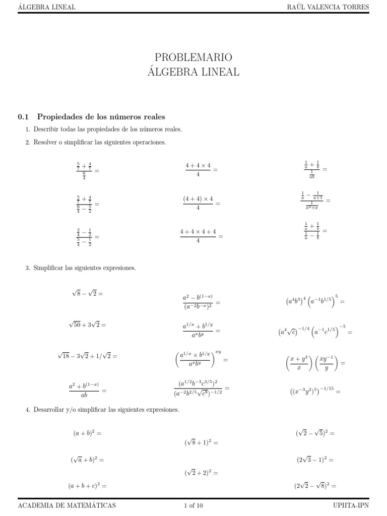 Problemario Alg Lin Raul | PDF | Raíz cuadrada | Número complejo