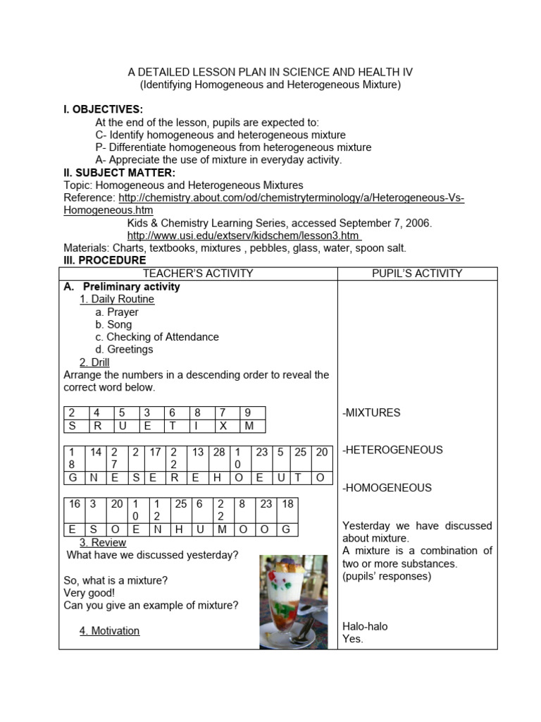 A Detailed Lesson Plan in Science and He | PDF | Mixture | Homogeneity ...