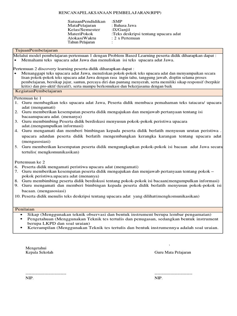 RPP Bahasa Jawa 1 Lembar Kls 9 Gasal KD 4 | PDF | Karier & Perkembangan | Seni & Disiplin Bahasa