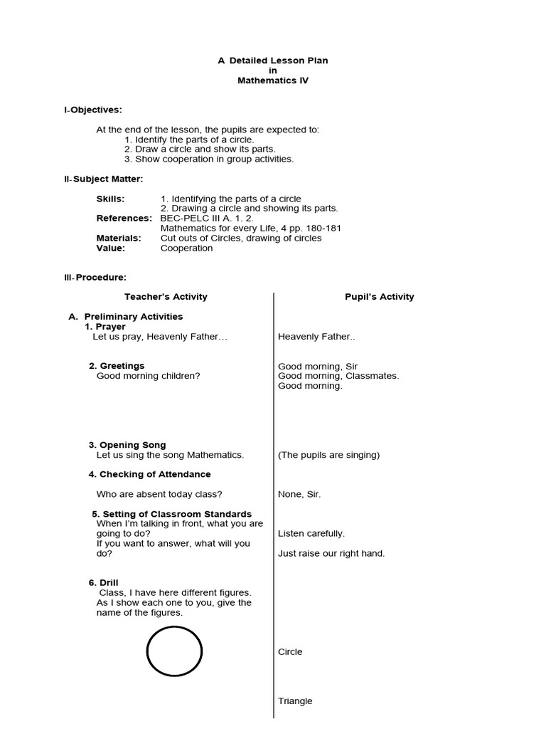 A Detailed Lesson Plan | PDF | Diameter | Circle