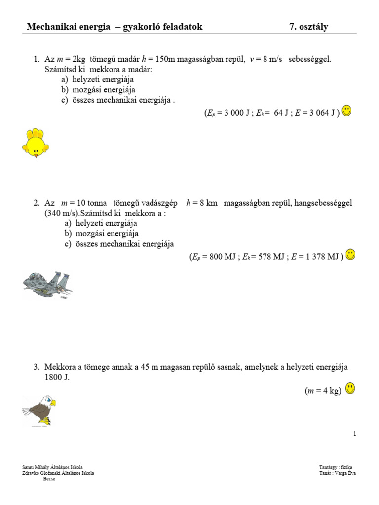 A Mechanikai Energia Gyakorlc3b3 Feladatok1 | PDF