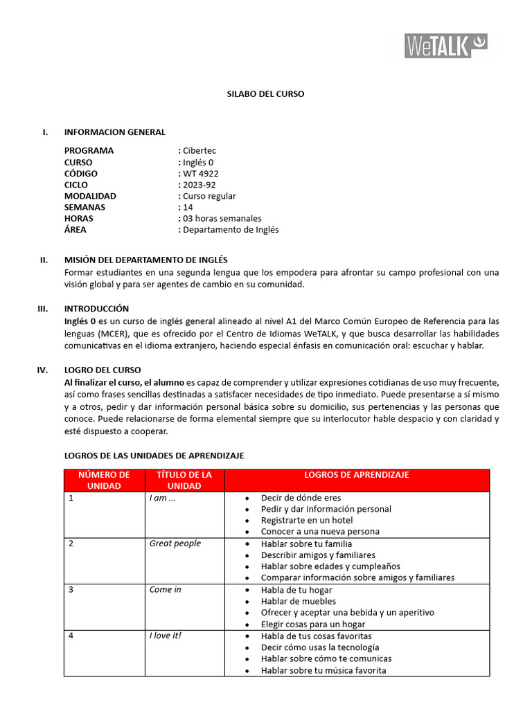 Inglés 0 Silabo 2023-92 | PDF | Evaluación | Comunicación
