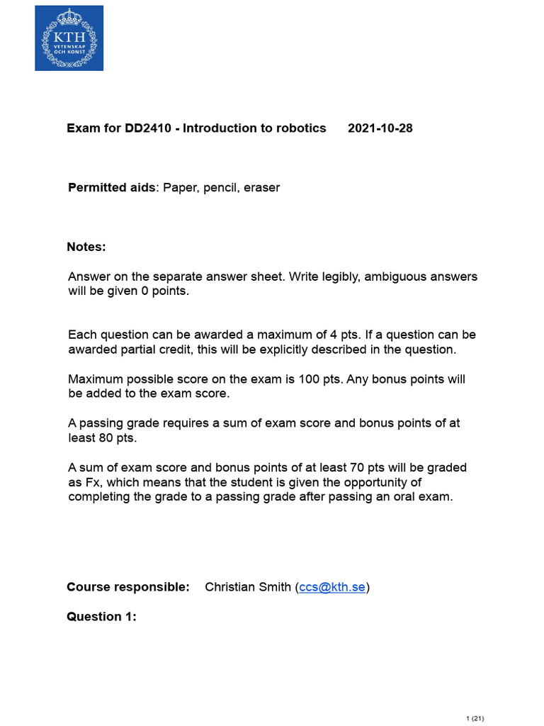 Robotics Exam DD2410 2021 | PDF | Kalman Filter | Robot