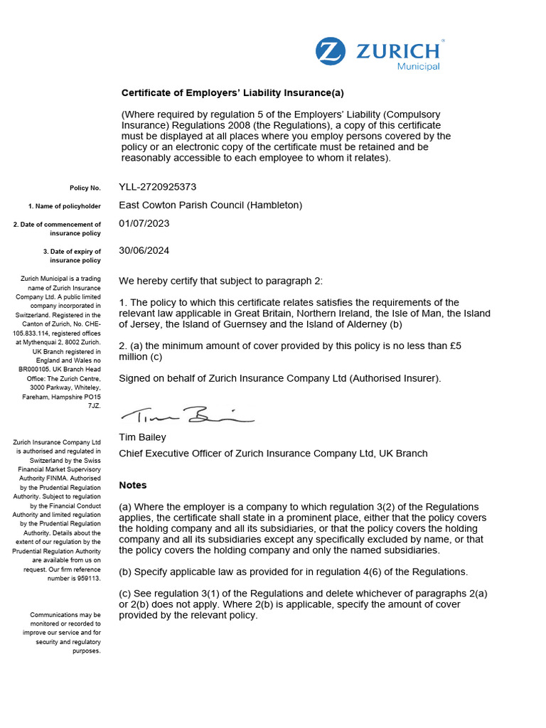 Employers' Liability Insurance Certificate | PDF | Insurance | Regulation