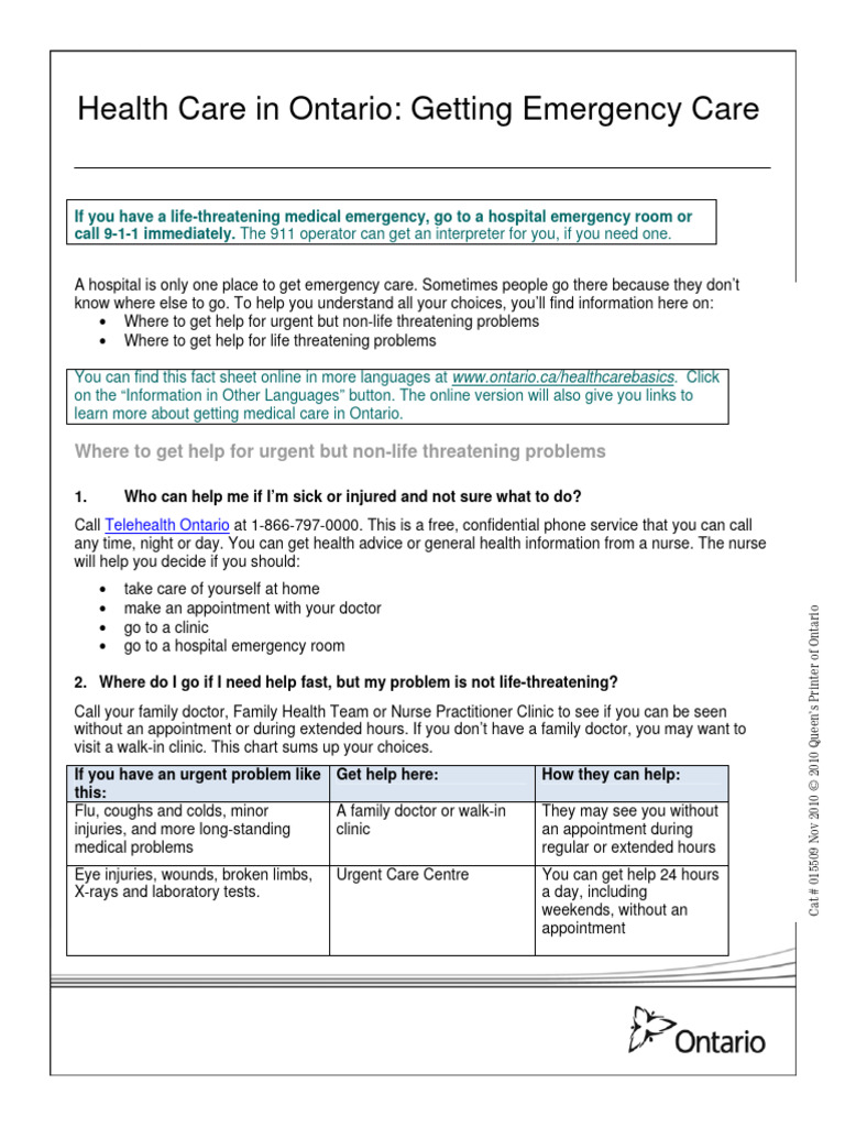 Telehealth Ontario Emergency Care Guide | PDF | Emergency Department ...