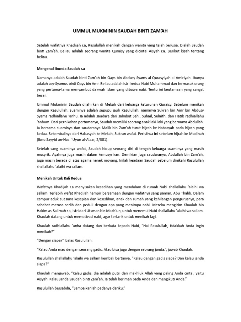 Kisah Saudah Binti Zam'ah, Istri Nabi | PDF