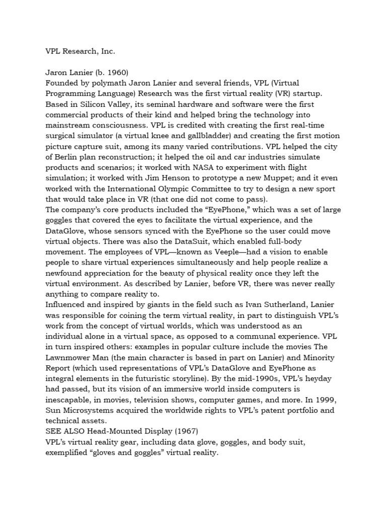 VPL Research: Pioneers of Virtual Reality | PDF | Virtual Reality ...