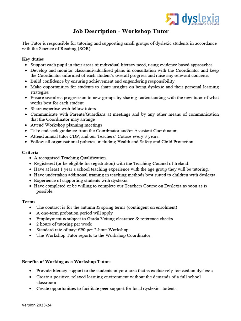 Dyslexia Workshop Tutor Job Description | PDF | Dyslexia | Teachers