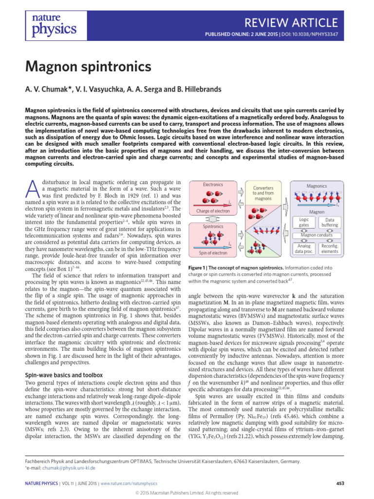 Magnon Spintronics: Review Article | PDF | Electric Current | Waves