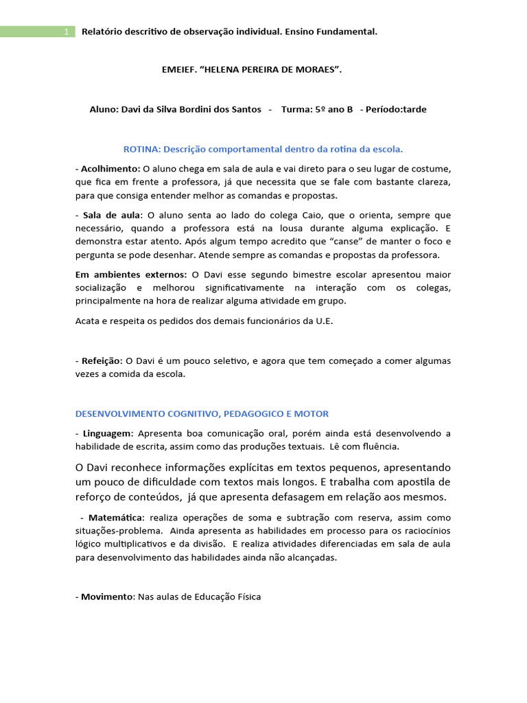 Relatorio Detalhado de Aluno Com Dificuldade de Aprendizagem | PDF | Pedagogia