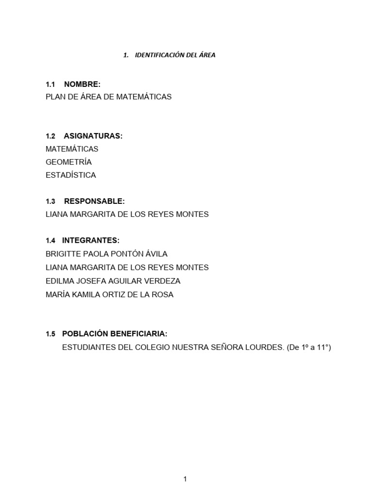 Plan De área De Matematicas 2020 Pdf Matemáticas Aprendizaje