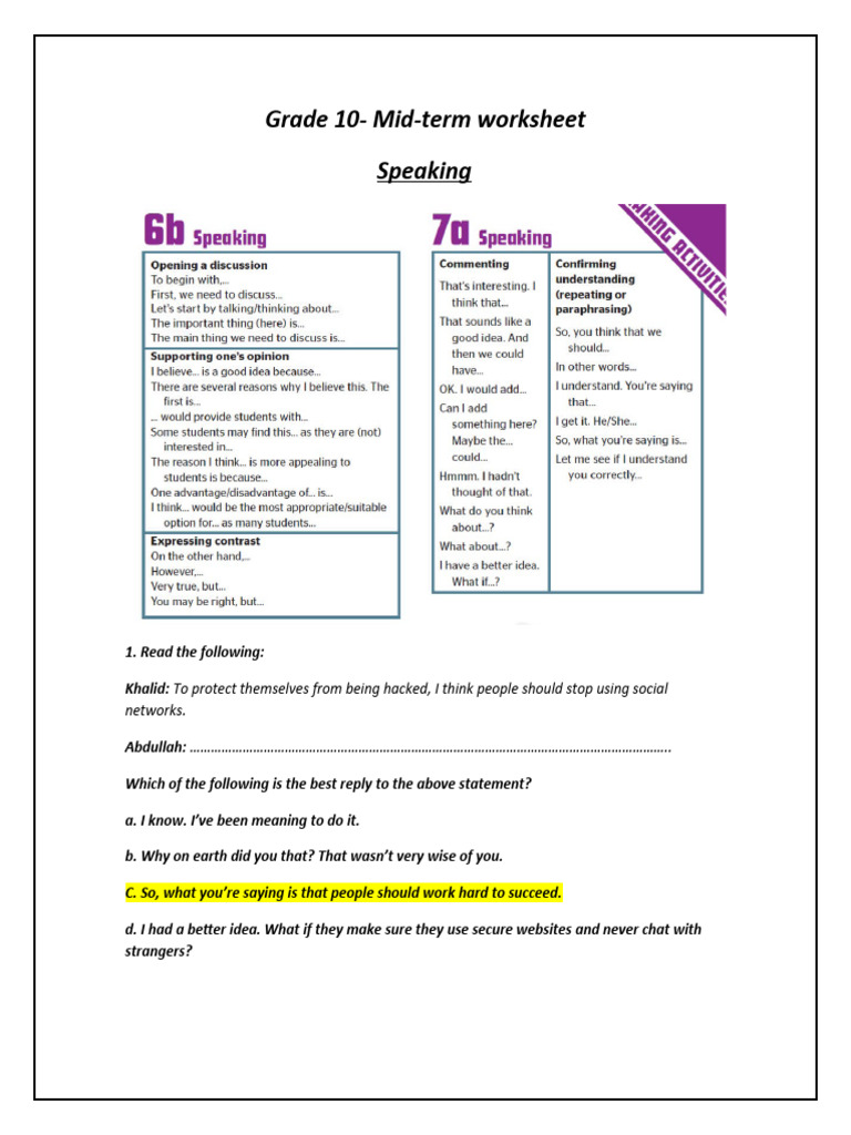 G10 Mid of 2nd Semester Revision-Answers | PDF