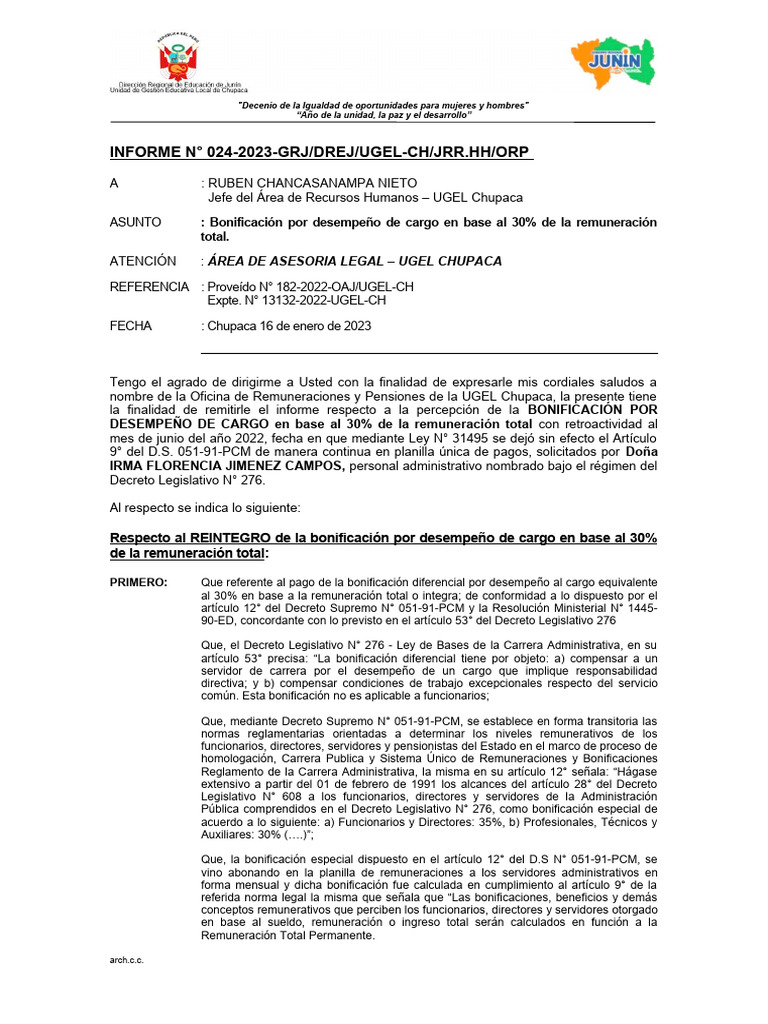 Informe 024-2023 - Pago Por Desemp. Cargo 30% y Continua - Jimenez Campos | PDF | Salario | Decreto