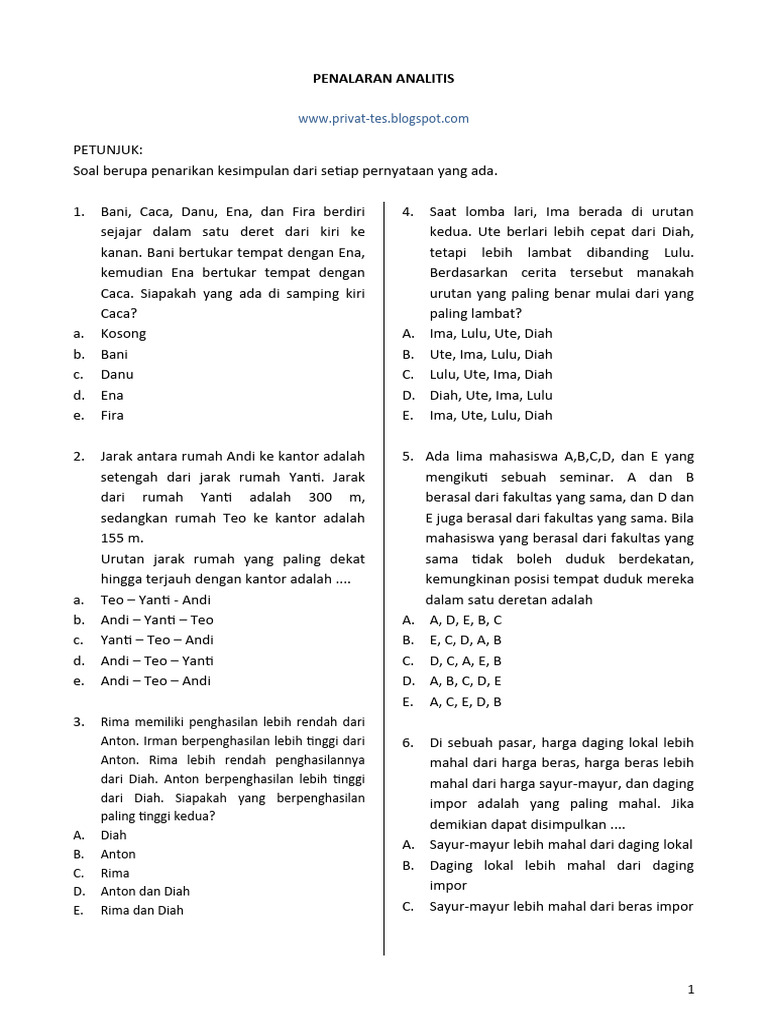 Kecerdasan - Penalaran Analitis 2021 | PDF