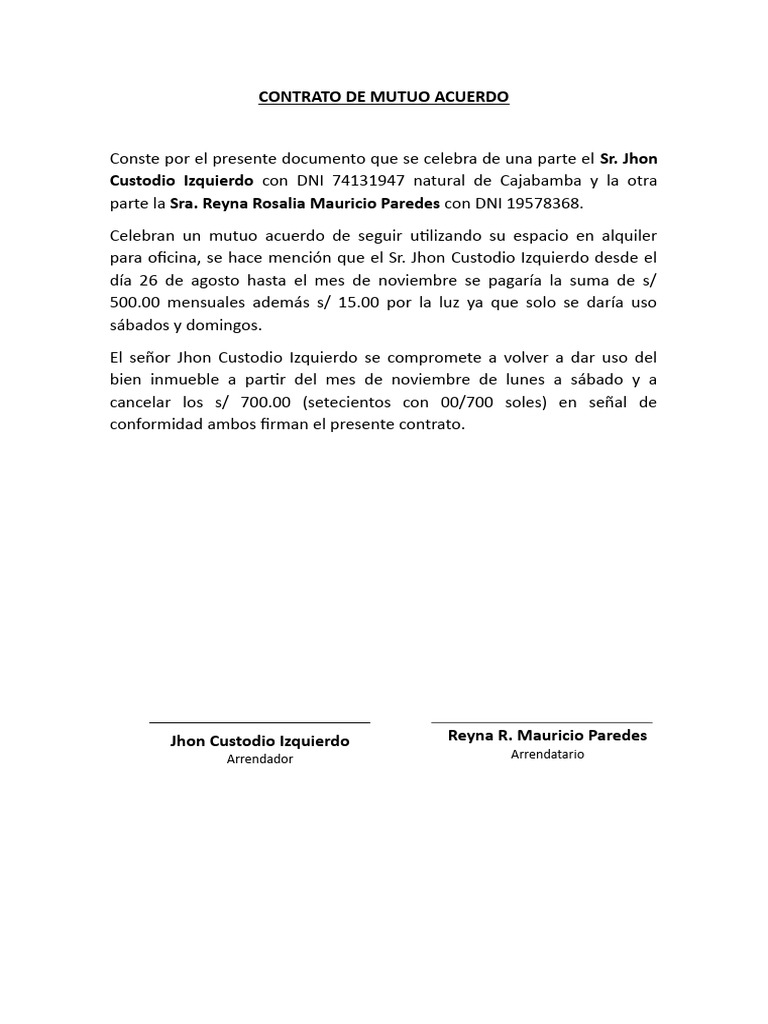 Contrato de Mutuo Acuerdo | PDF