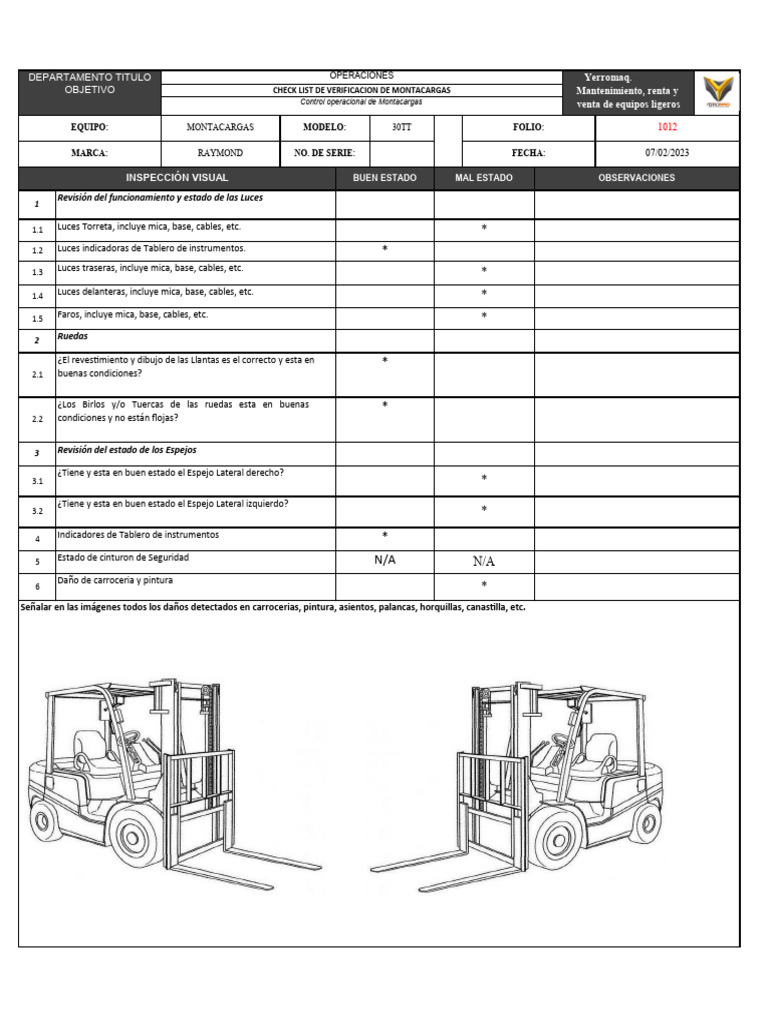 Check List de Inspeccion de Montacargas Eléctrico Raymond 30tt | PDF ...