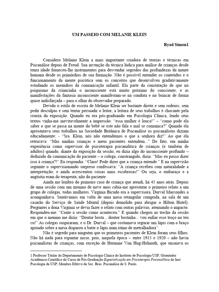 Um Passeio Com Melaine Klein (Ryad Simon) | PDF | Psicanálise | Sigmund ...