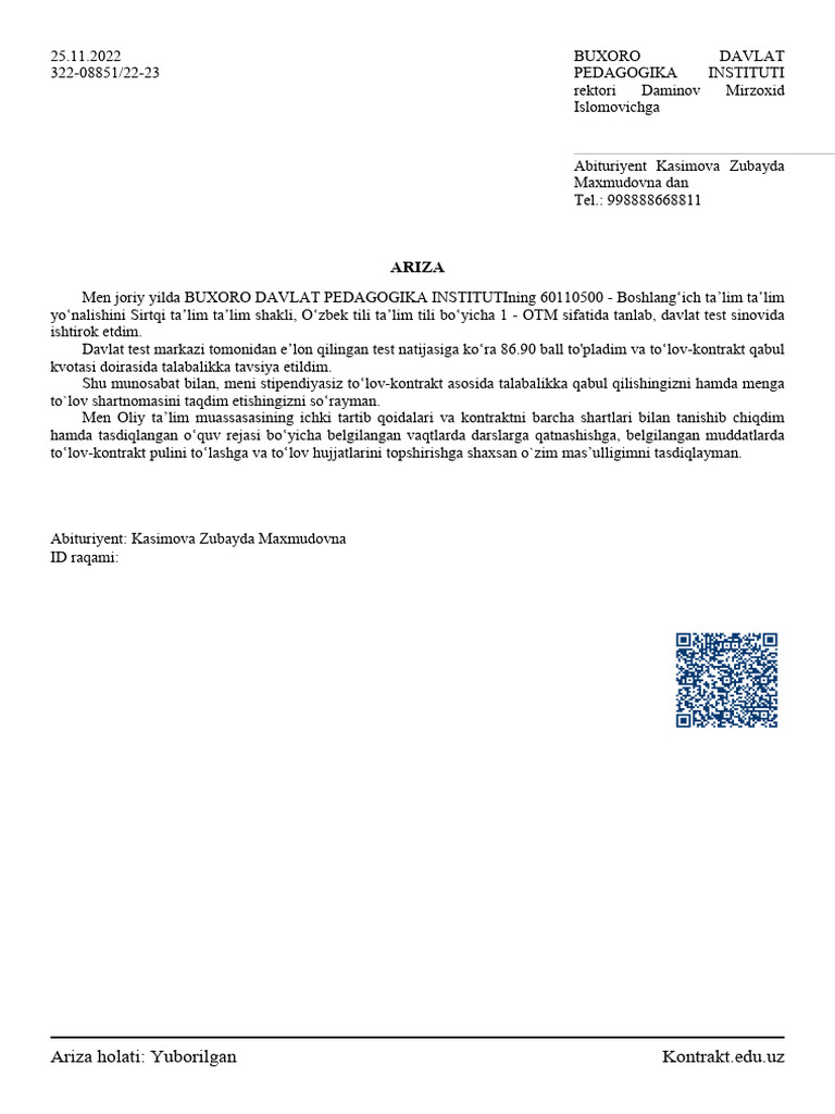 Ariza: Ariza Holati: Yuborilgan Kontrakt - Edu.uz | PDF