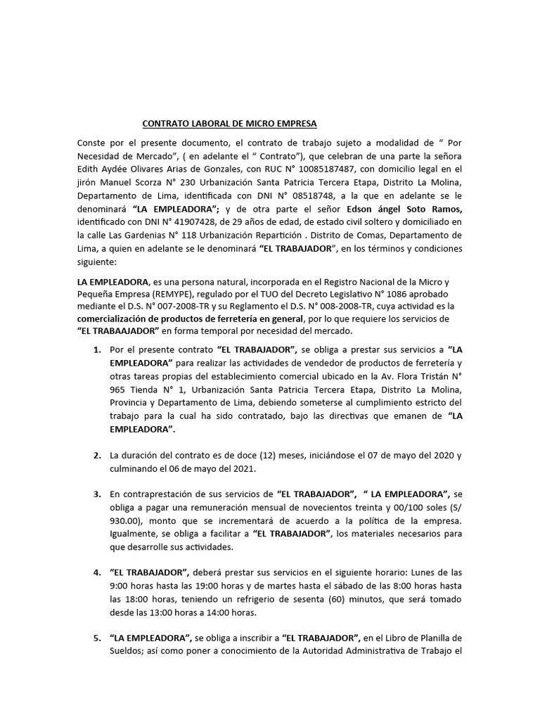 Contrato Laboral de Micro Empresa | PDF | Salario | Economias