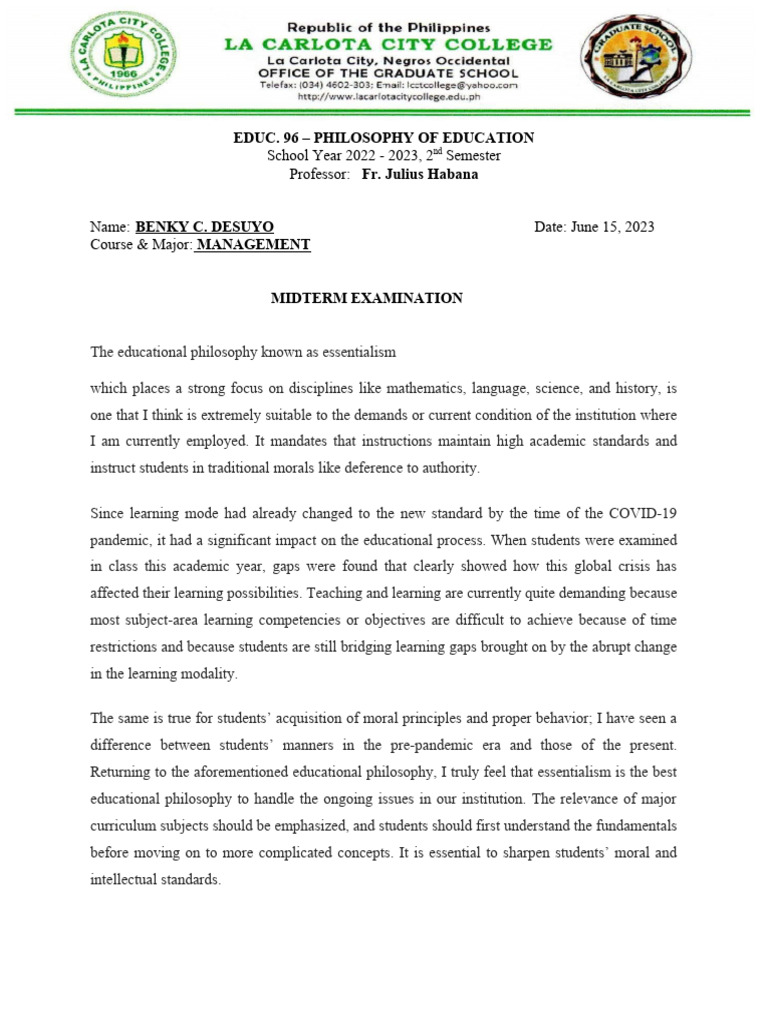 Bengky - Educ. 96 - Philosophy of Education - Midterm Exam | PDF | Philosophy Of Education ...