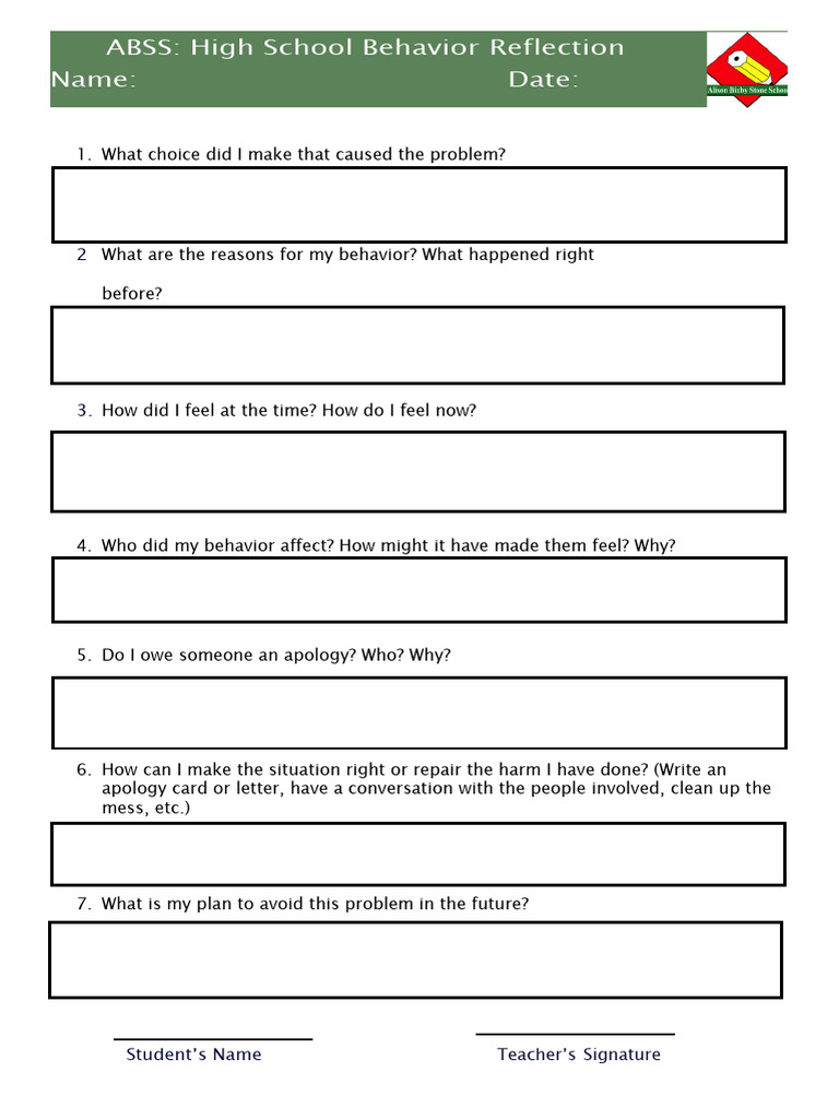 High School Behavior Reflection Sheet 2023 | PDF | Self-Improvement ...