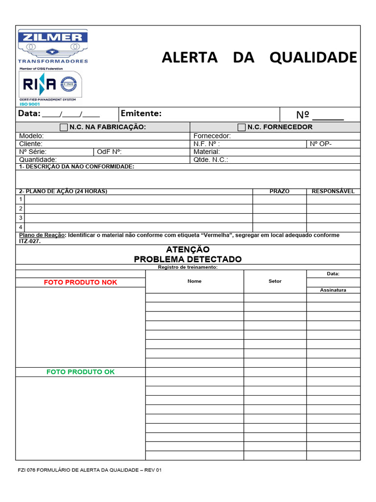 FZI 076 - Formulário de Alerta da Qualidade | PDF