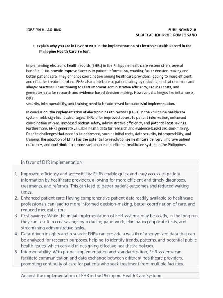 NCMB 210 - Course Task 1.0 | PDF | Electronic Health Record | Health Care