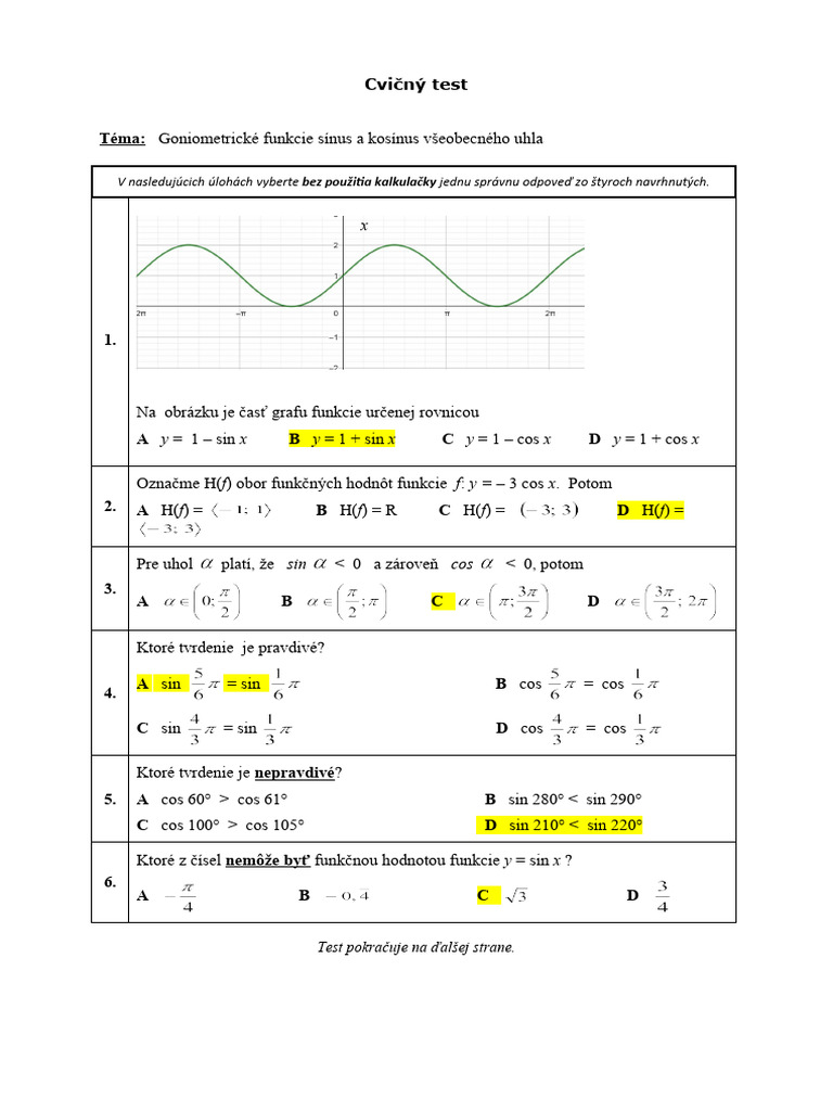 Funkcia Sin A Cos TEST-cvičný | PDF