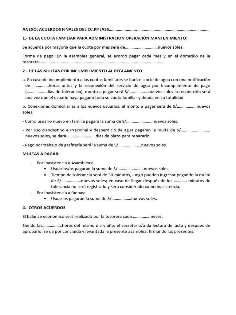 Acuerdo Asamblea Cuota Familiar Jass | PDF