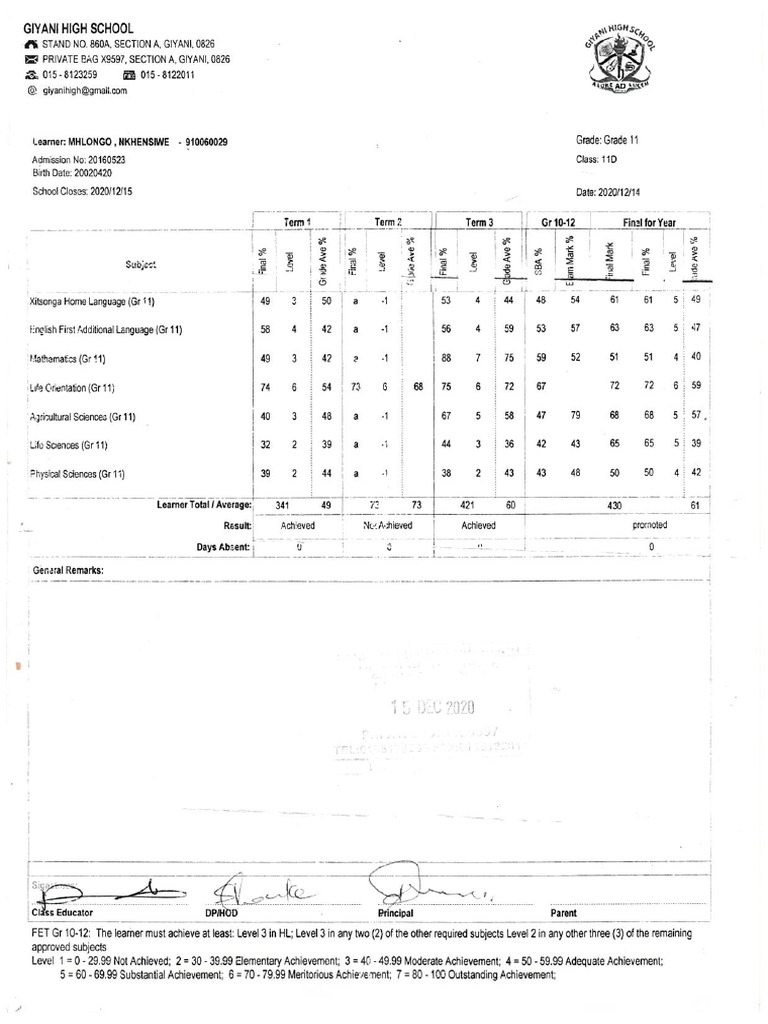 Grade 11 Marks - 2021-08-01 | PDF