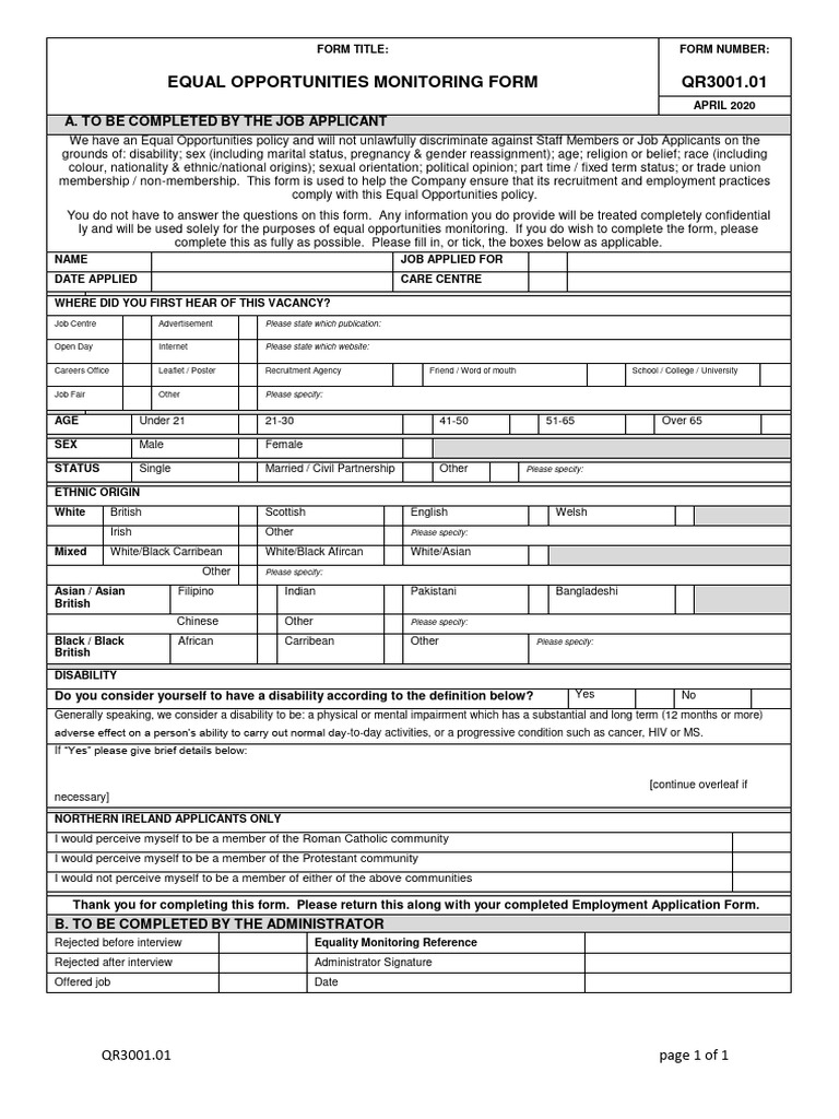 QR 3001.01 Equal Opportunities Monitoring Form.docx | PDF | Equal ...
