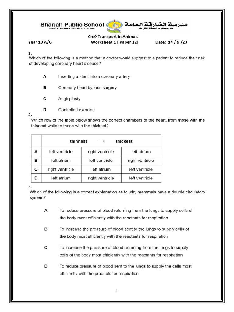 CH 9 Transport in Animals Worksheet 1 | PDF
