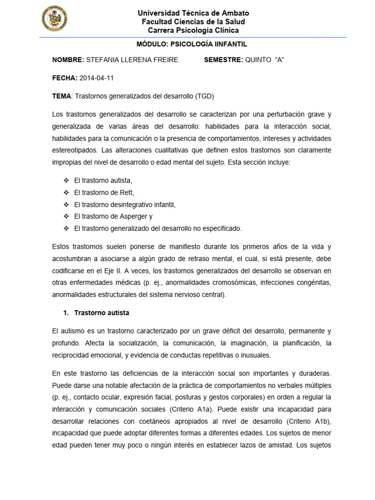 Trastornos generalizados del desarrollo (TGD) | PDF | Trastornos profundos del desarrollo ...