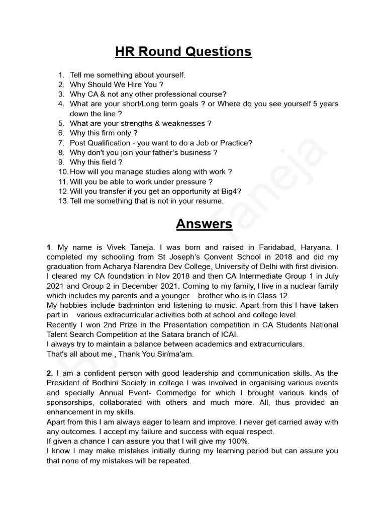 KT An Eja: HR Round Questions | PDF | Expense