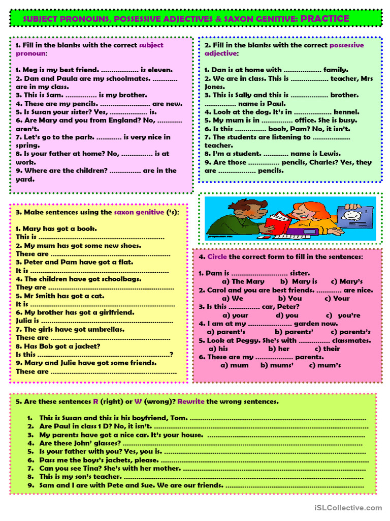 Subject Pronouns, Possessive Adjectives & Saxon Genitive - Practice ...