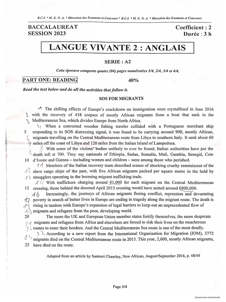 Sujet Bac 2023 Anglais LV2 Serie A2 Cote D'ivoire | PDF