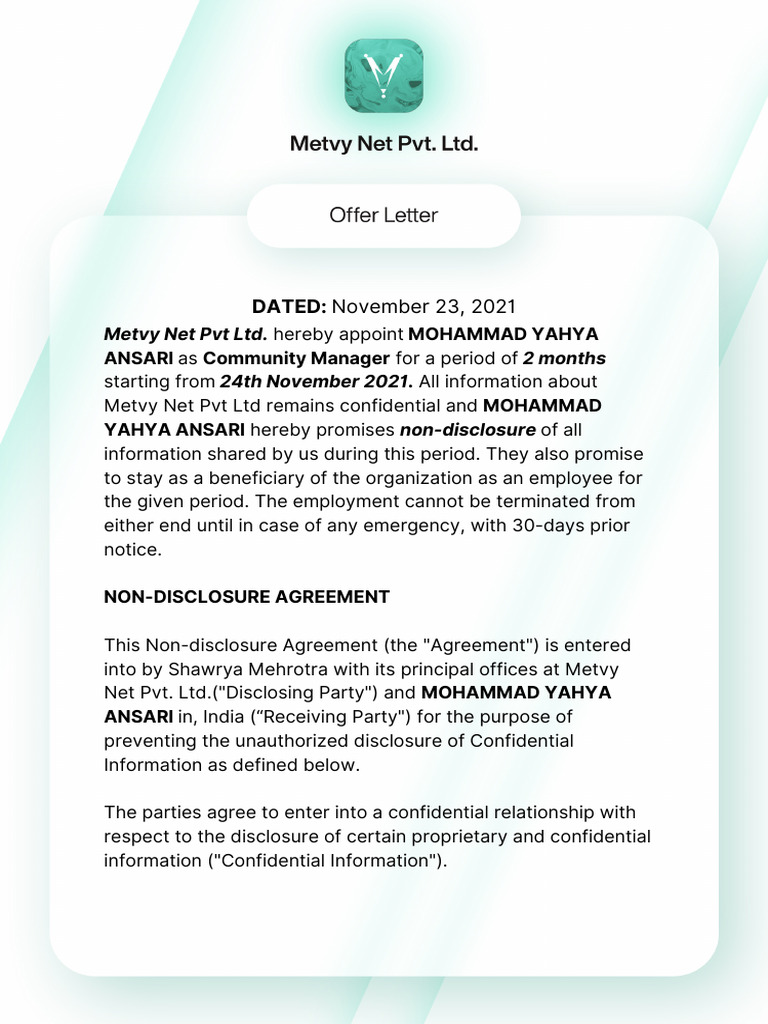 Offer Letter - Mohammad Yahya Ansari | PDF | Non Disclosure Agreement ... Offer Letter - Mohammad Yahya Ansari | PDF | Non Disclosure Agreement ...
