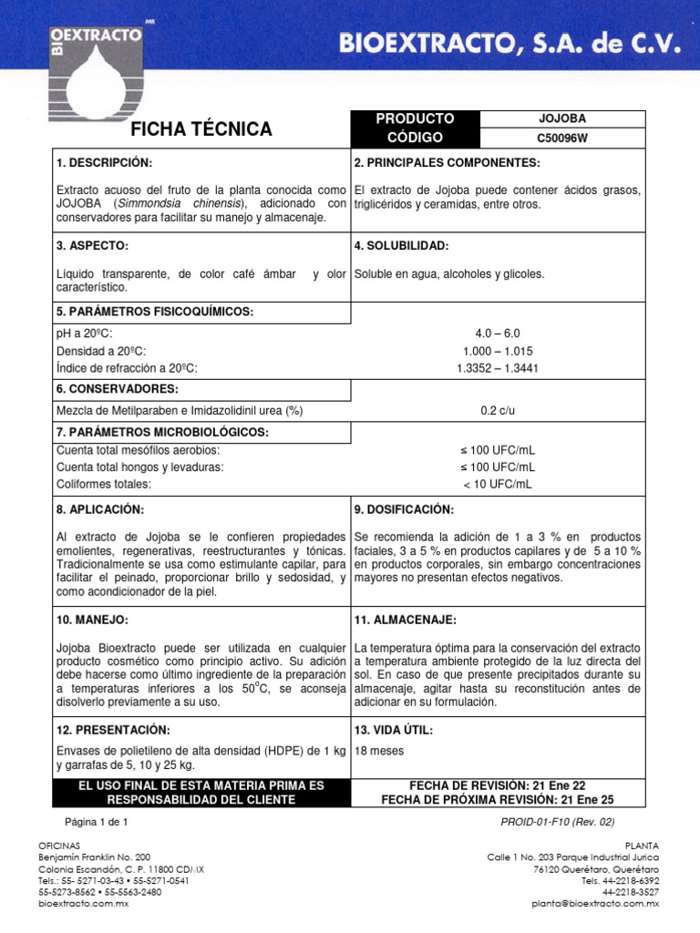 Ficha Técnica del Extracto de Jojoba | PDF | Ciencias fisicas ...