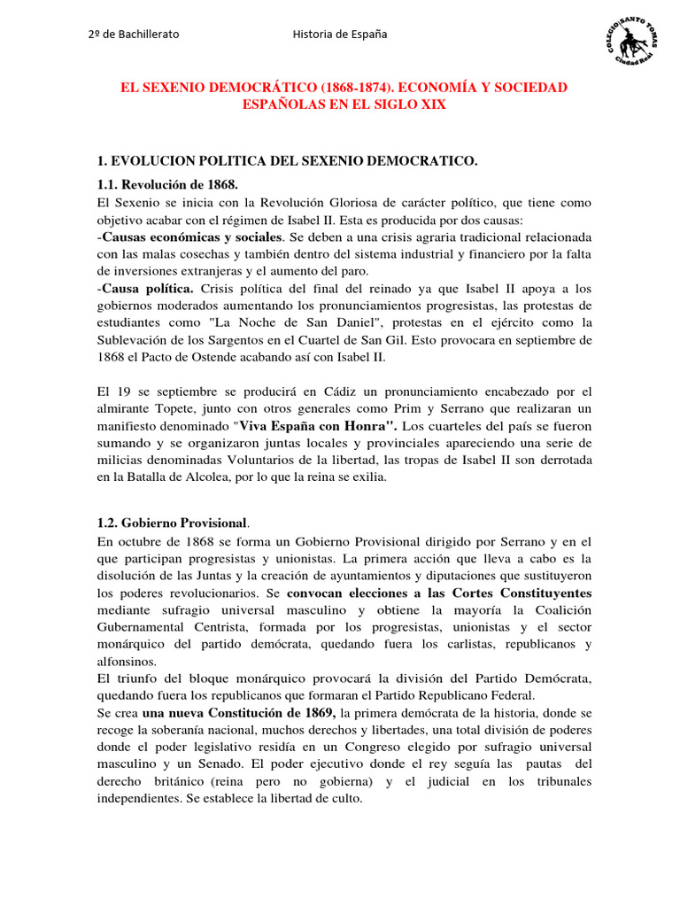 El Sexenio Democratico 1868-1874. Economia y Sociedad Españolas en El S Xix (2021) | PDF ...