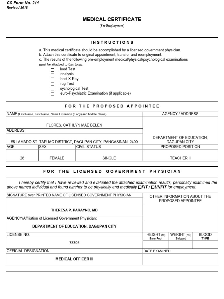 CS Form No. 211 Medical Certificate 3 | PDF | Physician | Health Sciences CS Form No. 211 Medical Certificate 3 | PDF | Physician | Health Sciences