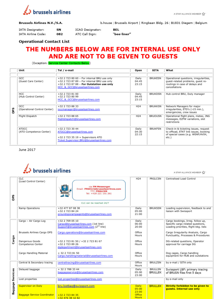 BRU Ops Contacts 15jun17 | PDF | Aviation | Transport