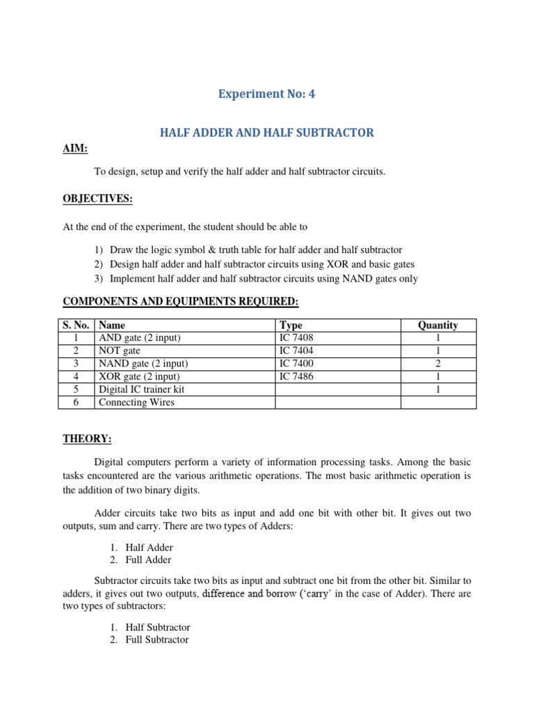 Experiment 4 - Half Adder and Half Subtractor | PDF | Logic Gate | Arithmetic