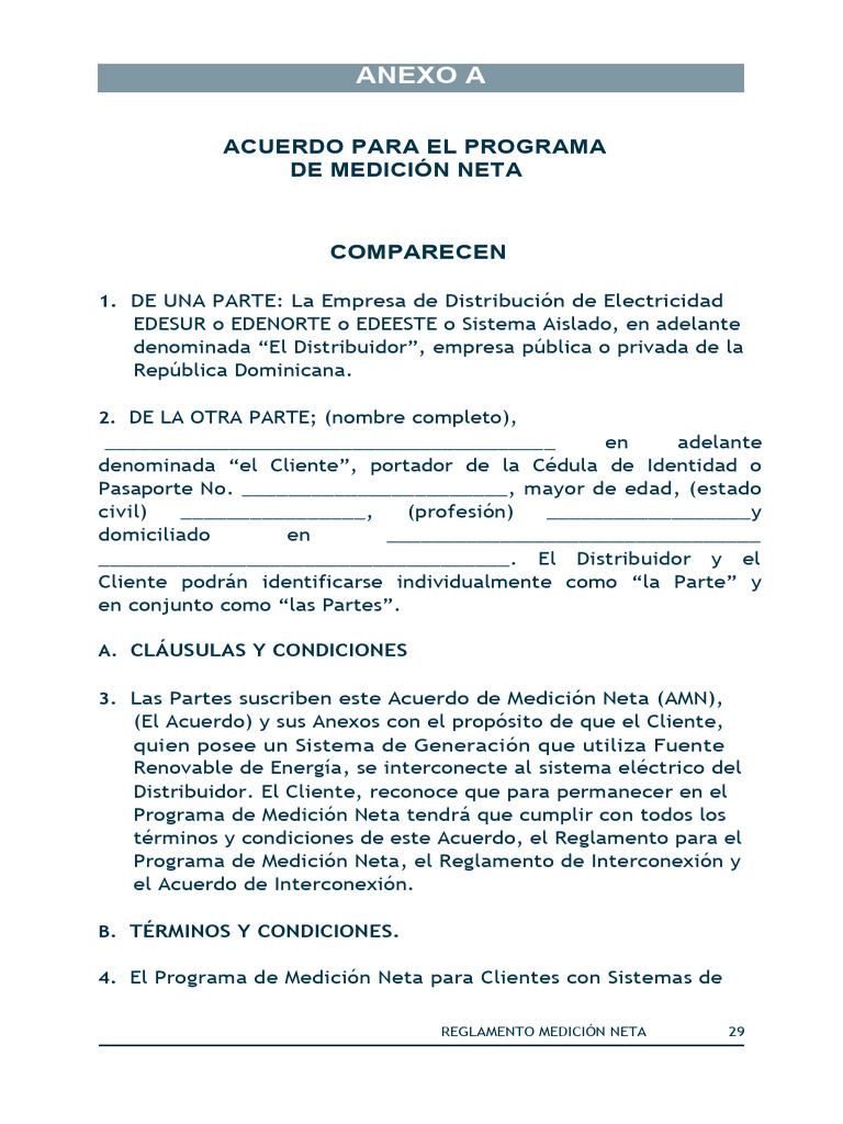 Acuerdo para El Programa de Medición Neta - Anexo A Reglamento Medición ...