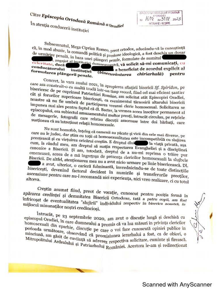 Scrisoarea Preotului Ciprian Mega Catre Episcopia Ortodoxă Oradea | PDF