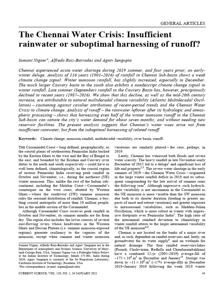 The Chennai Water Crisis Current Science 10january2021 | PDF | Rain ...