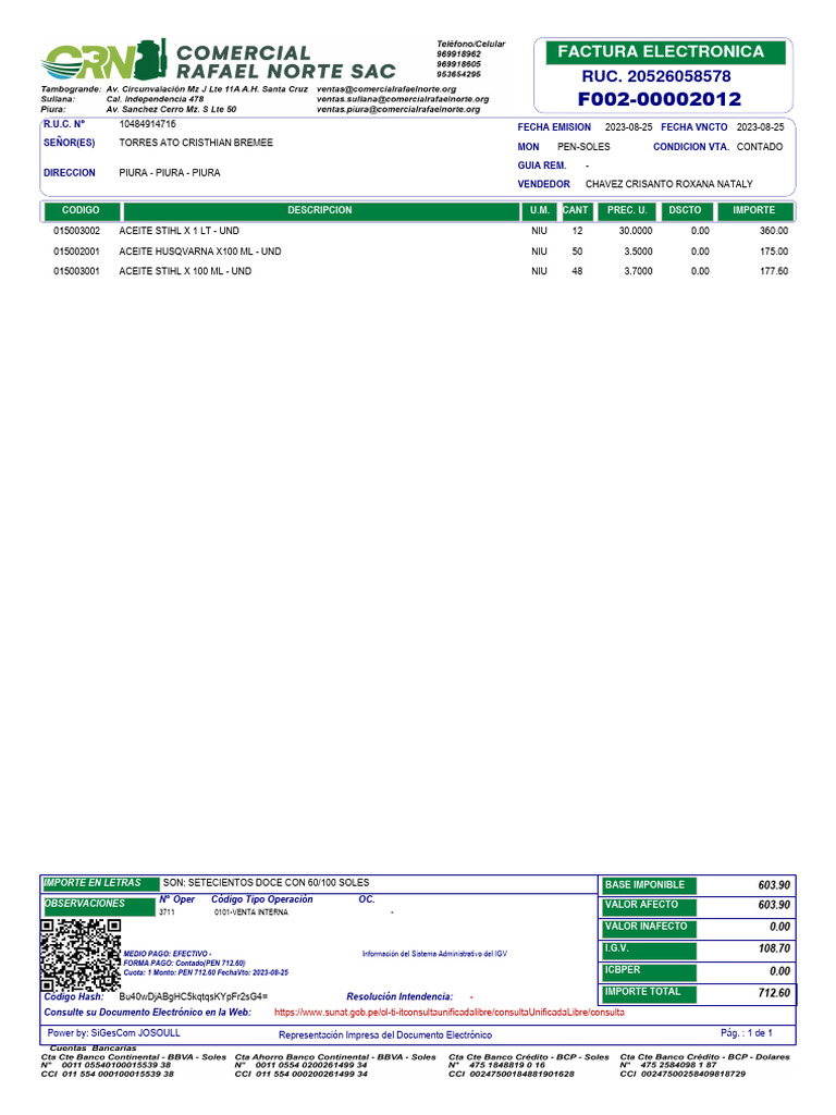 Factura Electronica: Codigo Descripcion Importe Dscto Prec. U. Cant U.M ...